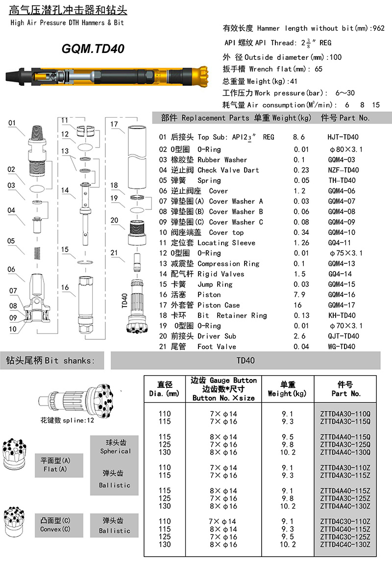 Hard Granite and Limestone Rock Drilling Td40 MD40 Mq40 MP35 DHD3.5 DTH ...